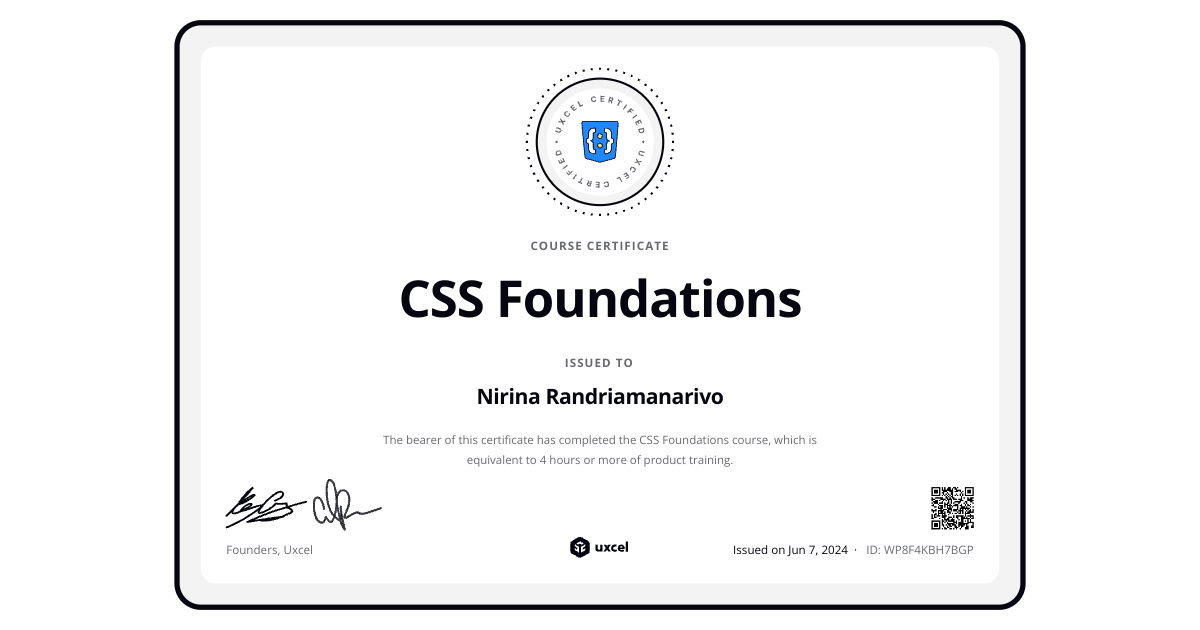 Certificate of completion for CSS Foundations | Uxcel